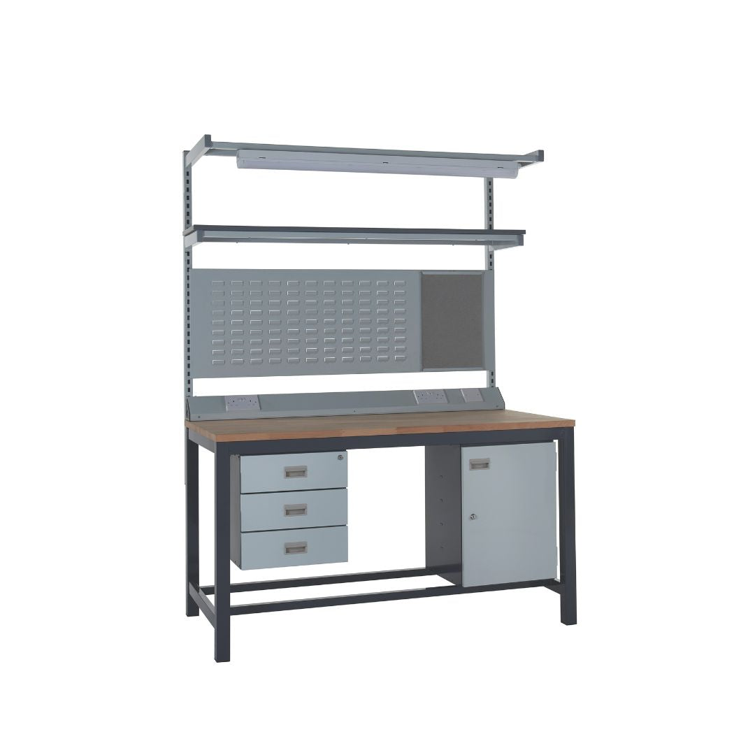 LED Heavy Duty Beech Top Workbench With Triple Drawer, Upper Shelf & S ...
